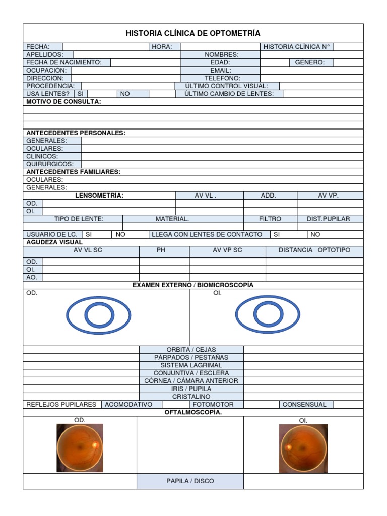 Nueva HISTORIA CLÍNICA DE OPTOMETRÍA | PDF | Ojo | Óptica