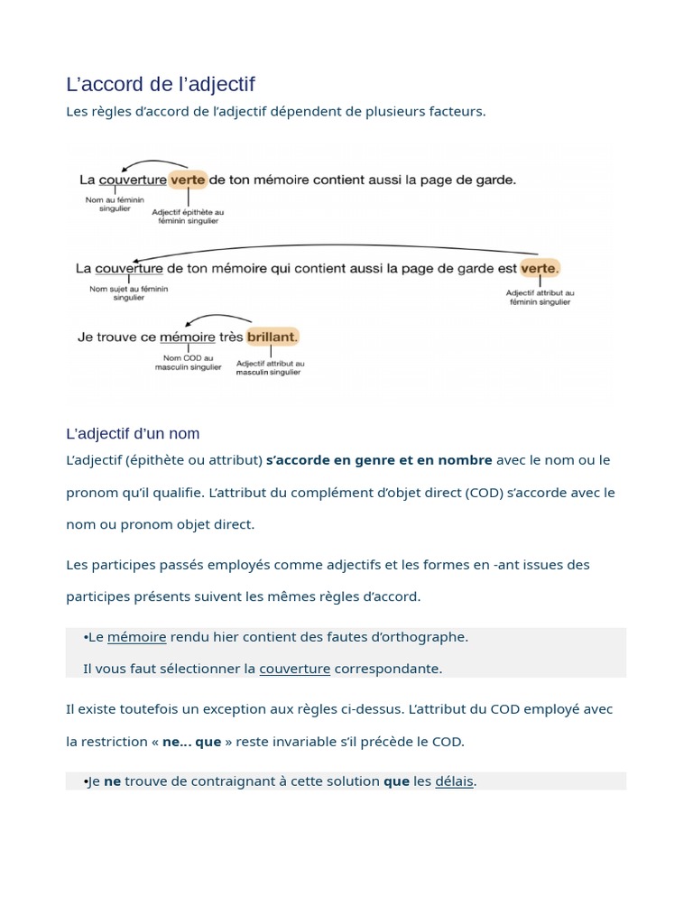 Règles d'accord de l'adjectif en français | PDF | Nombre grammatical ...