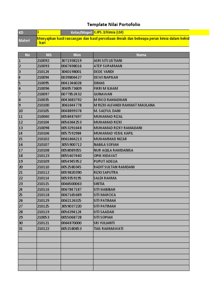 Template Nilai Portofolio-X.ips.3-Kimia (LM) | PDF