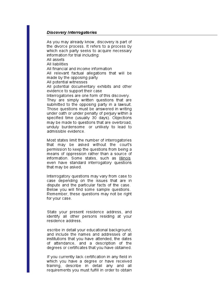 Interrogatories Divorce | Download Free PDF | Discovery (Law) | Trust Law