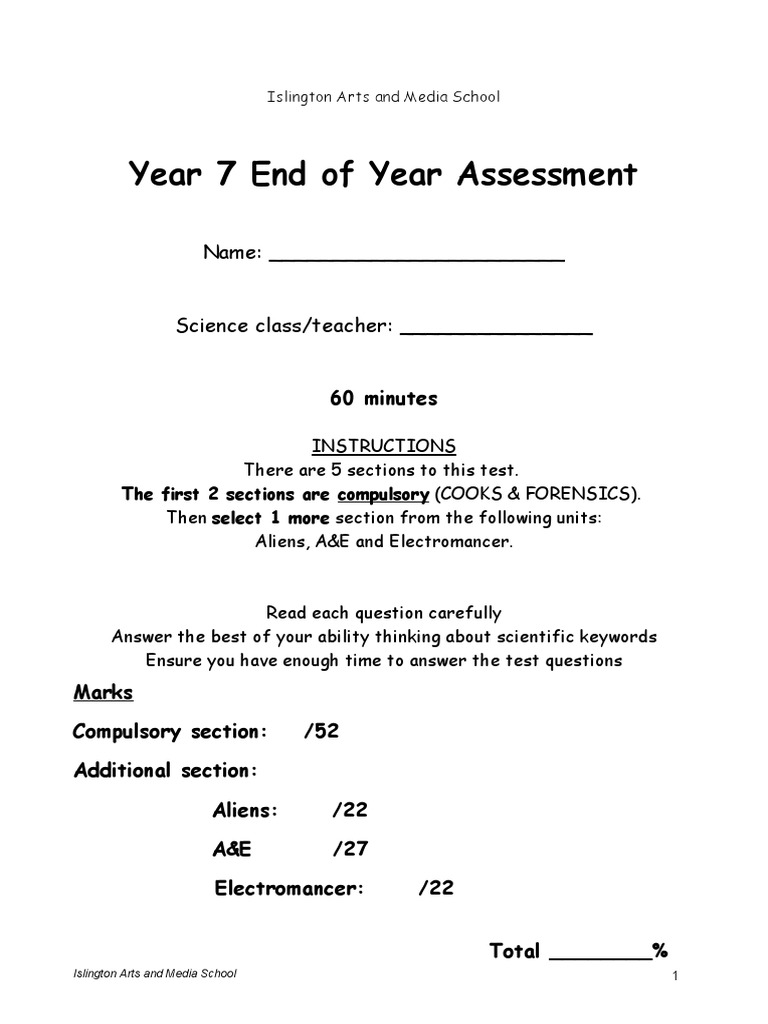 Year 7 End of Year Assessment: Name: - Science Class/teacher | PDF ... Year 7 End of Year Assessment: Name: - Science Class/teacher | PDF ...