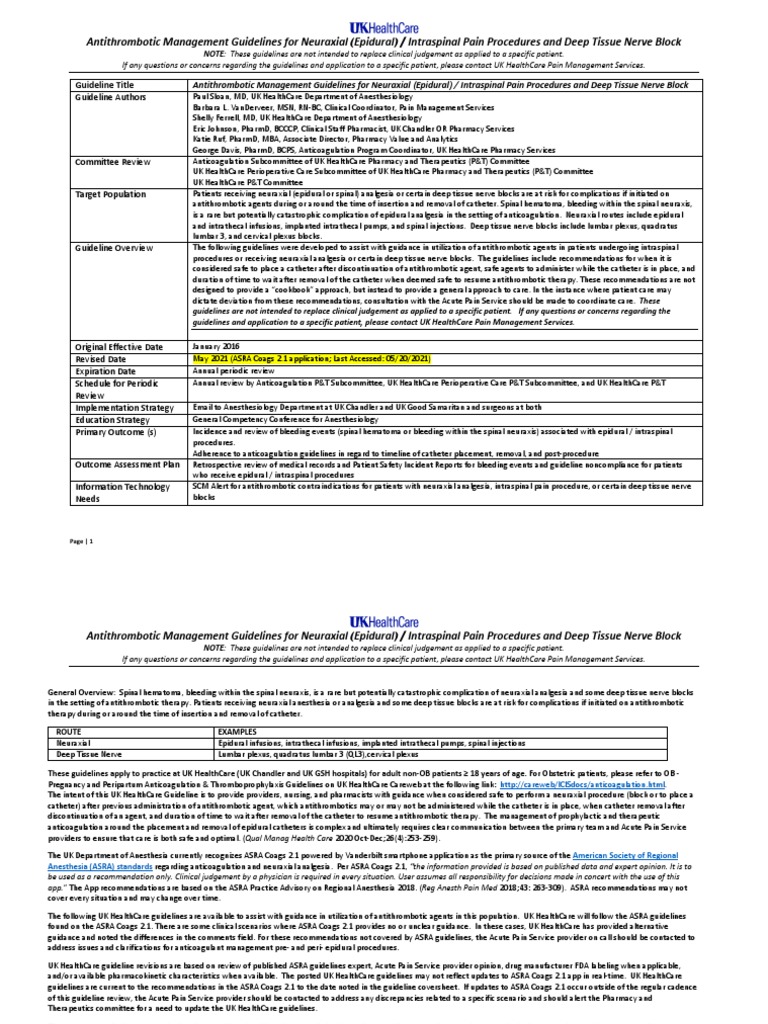 Epidural Intraspinal Anticoagulation Guidelines - UK | PDF | Pain ...