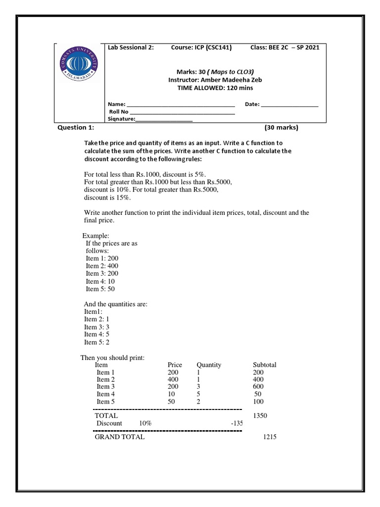 30 Marks Lab Sessional 2 Course Icp Csc141 Class Bee 2c Sp 2021 Download Free Pdf