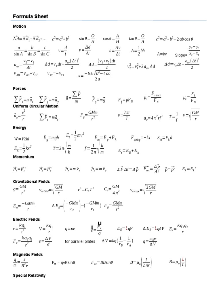 Physics 12 Formula Sheet