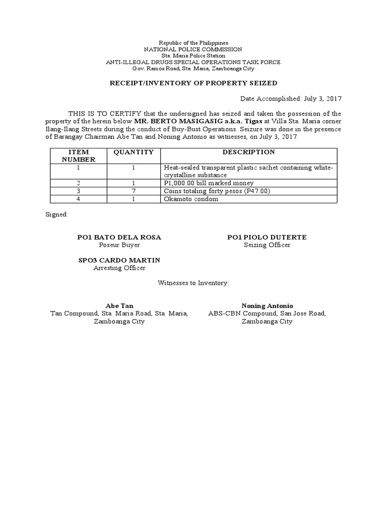 Receipt - Inventory of Seized Items | PDF | Common Law