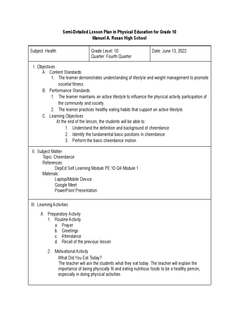 Lesson Plan PE 10 - Cheerdance | PDF | Cheerleading | Learning