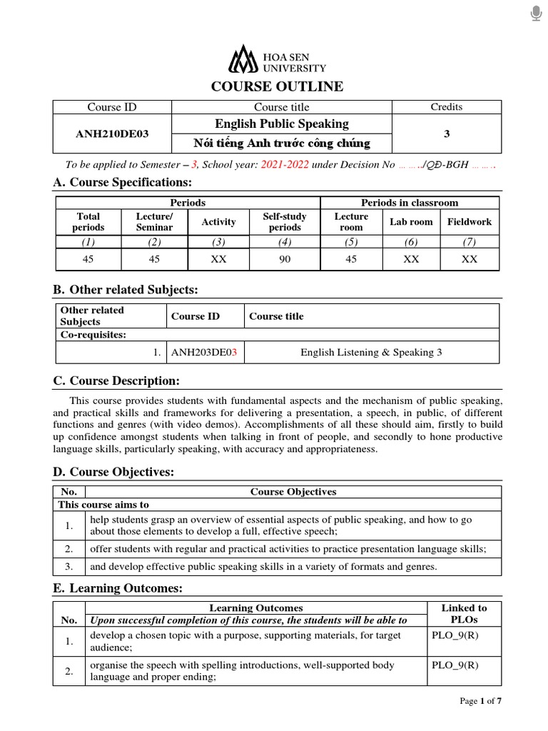 COURSE OUTLINE - ENGLISH PUBLIC SPEAKING - ANH210DE03 - HK20.1A (điều ...