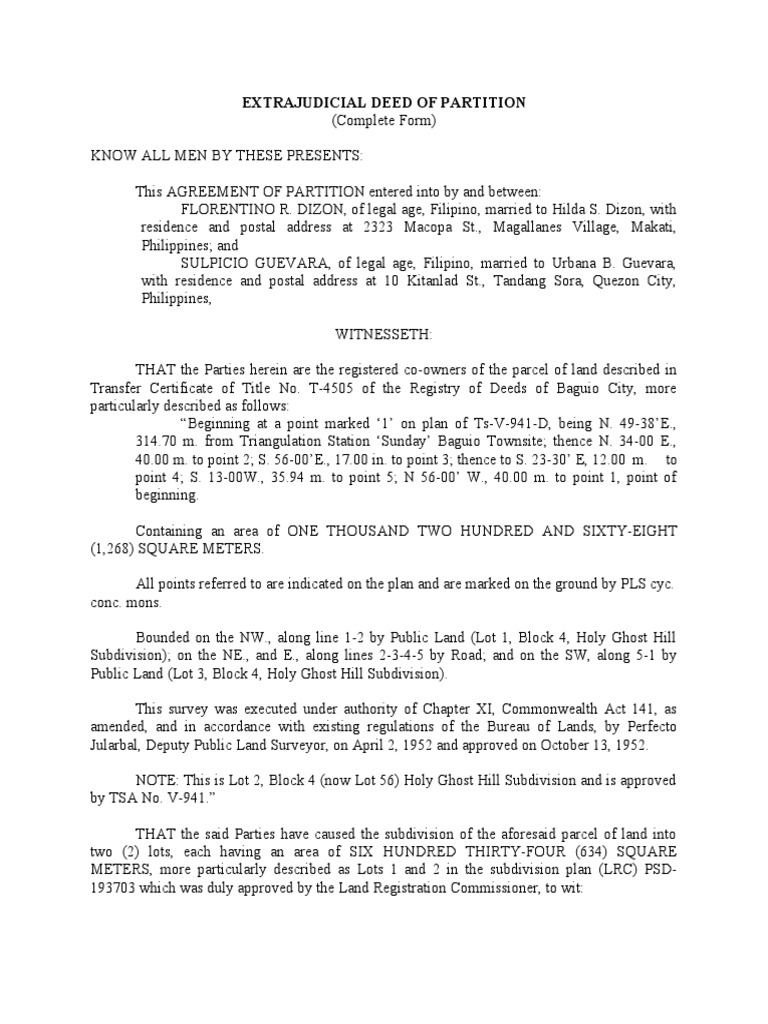EXTRAJUDICIAL DEED OF PARTITION (Complete Form) | PDF | Civil Law ...