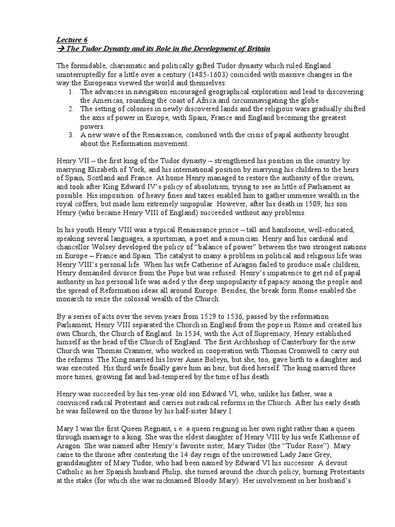 Lecture 6. The Tudor Dynasty | PDF | House Of Tudor | Kingdom Of England