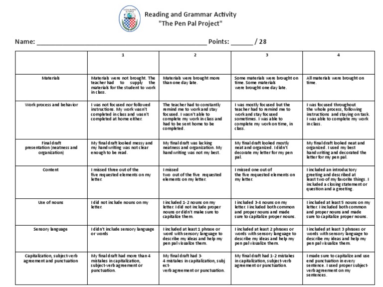 Reading and Grammar Activity "The Pen Pal Project" Name: - Points ...