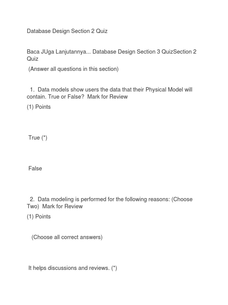 Database Design Section 2 Quiz | PDF | Data Model | Computing