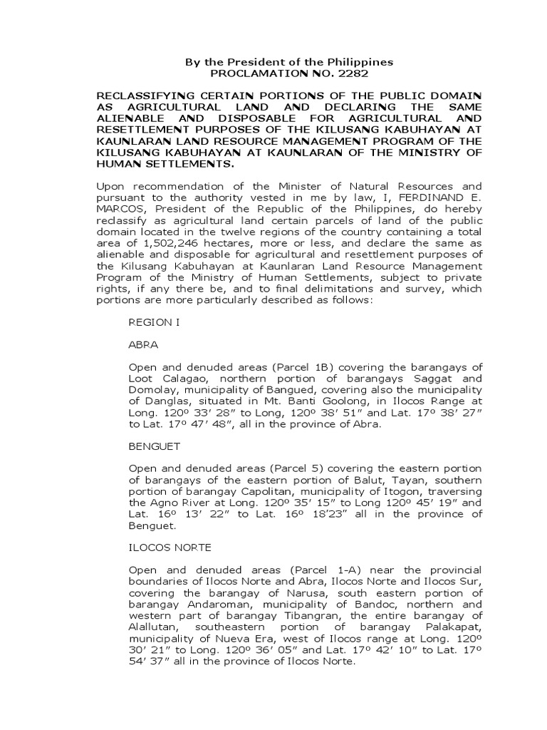 Proclamation 2282: Land Reclassification | PDF | Philippines