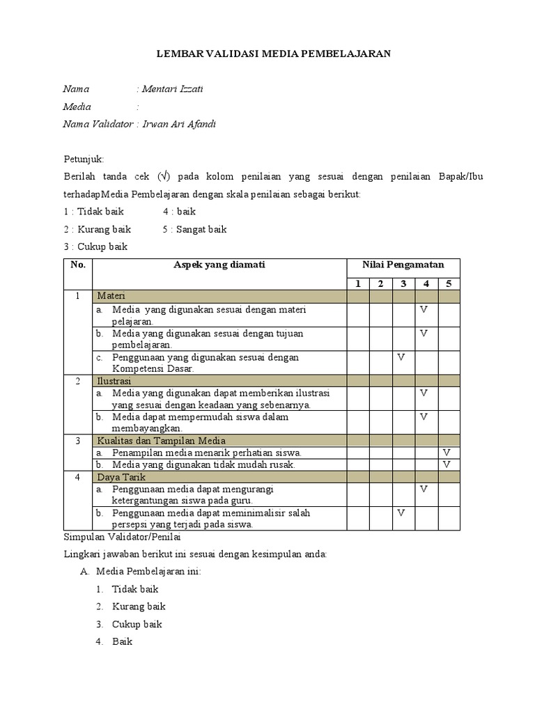 Lembar Validasi Media Pembelajaran Mentari Pdf