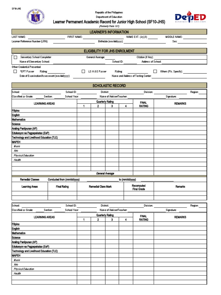 School Form 10 JHS Learners Academic Permanent Record | PDF | Middle ...