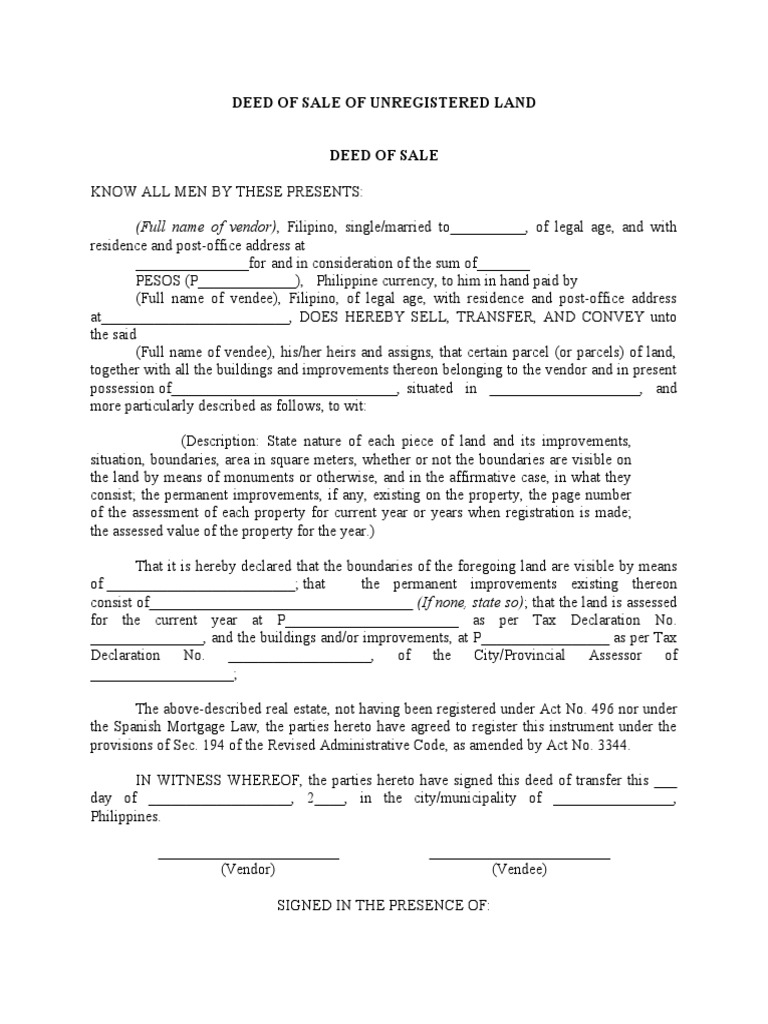 Deed of Sale of Unregistered Land | PDF | Deed | Property Law Deed of Sale of Unregistered Land | PDF | Deed | Property Law