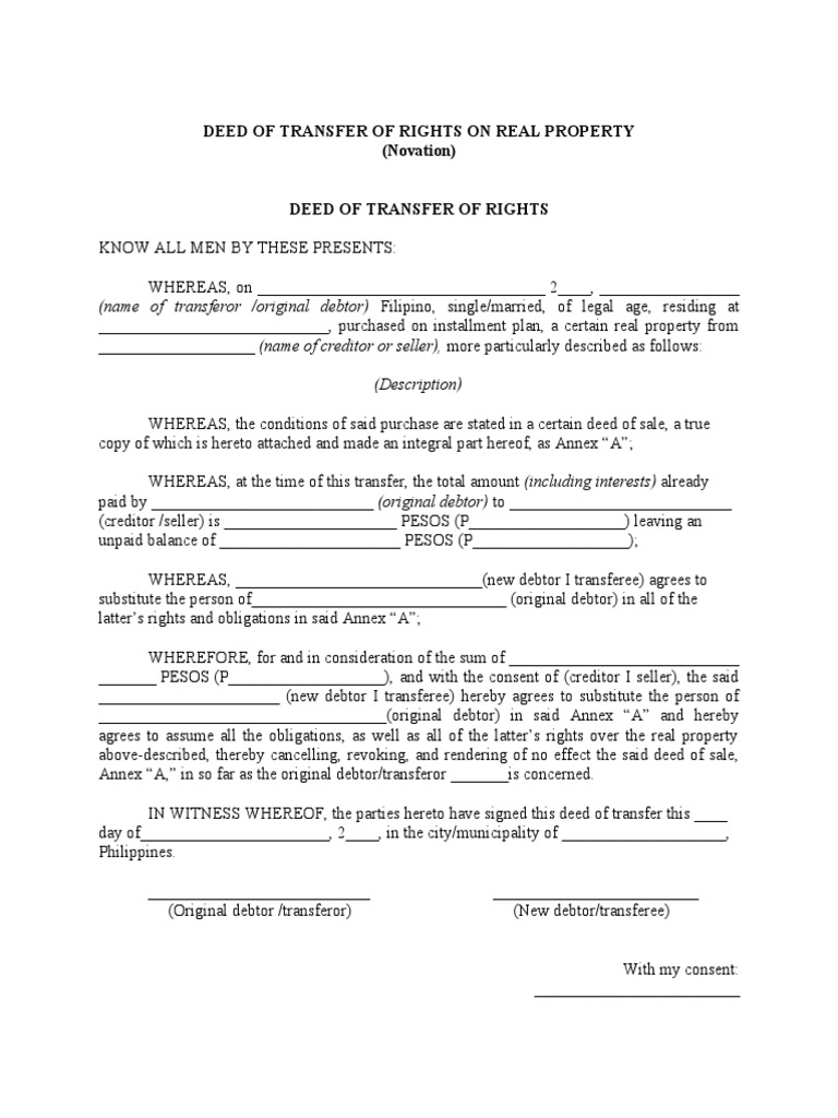 Deed of Transfer of Rights On Real Properties | PDF | Deed | Natural ...