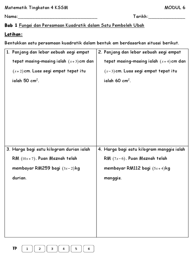 F4MM MODUL 6 - Bentukkan Persamaan Kuadratik Berdasarkan Situasi | PDF