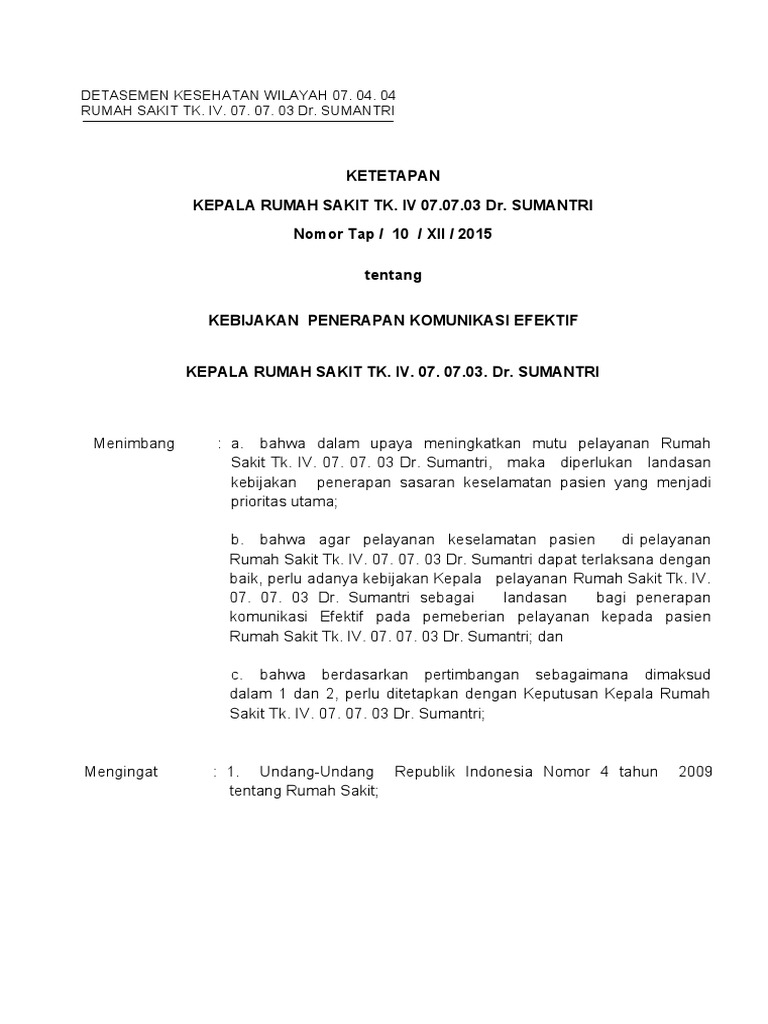 Kebijakan Komunikasi Efektif RS Dr. Sumantri | PDF | Sains & Matematika