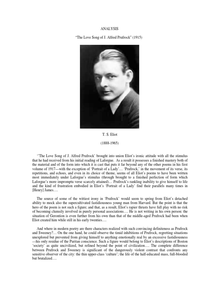 POEMS Eliot, TS The Love Song of J Alfred Prufrock (1915) Analysis by ...