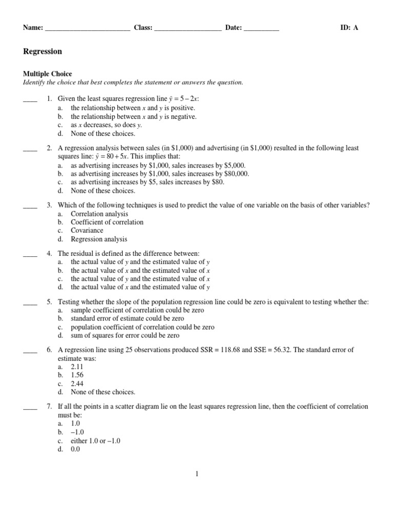 Regression Analysis Multiple Choice Pdf Errors And Residuals Coefficient Of Determination