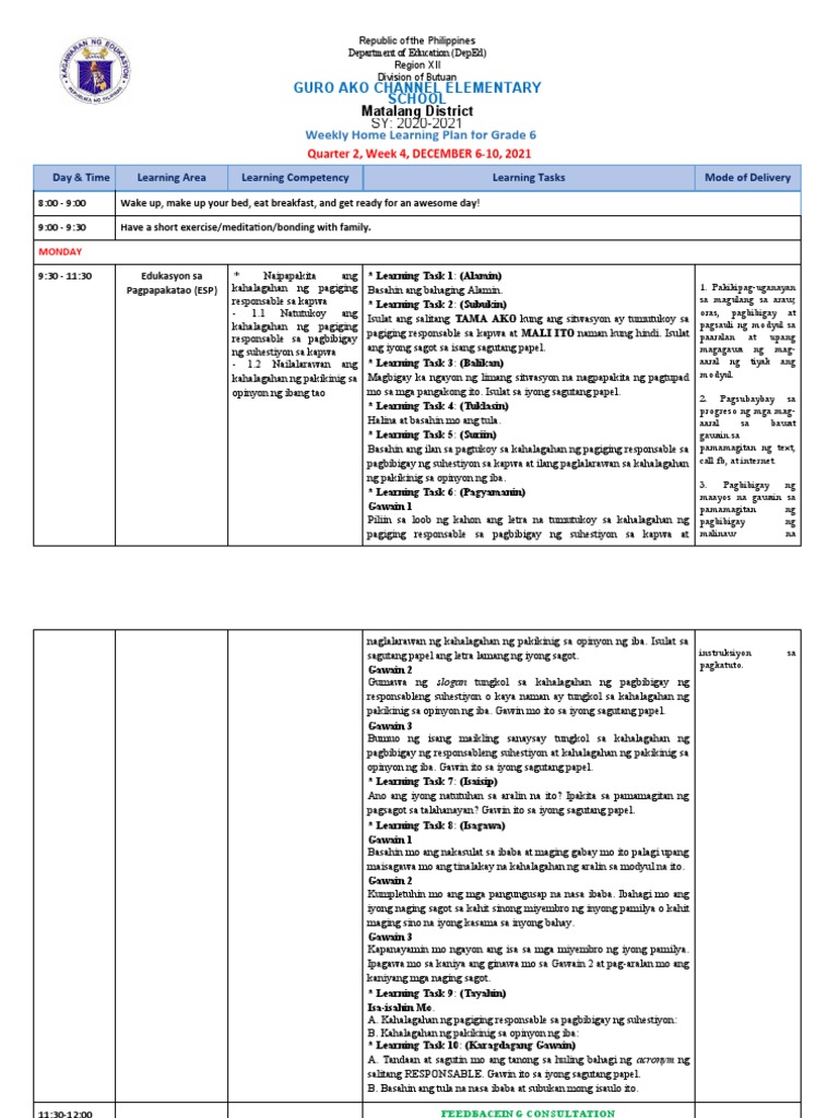 WHLP Detailed Grade 6 q2 w4 All Subjects | PDF