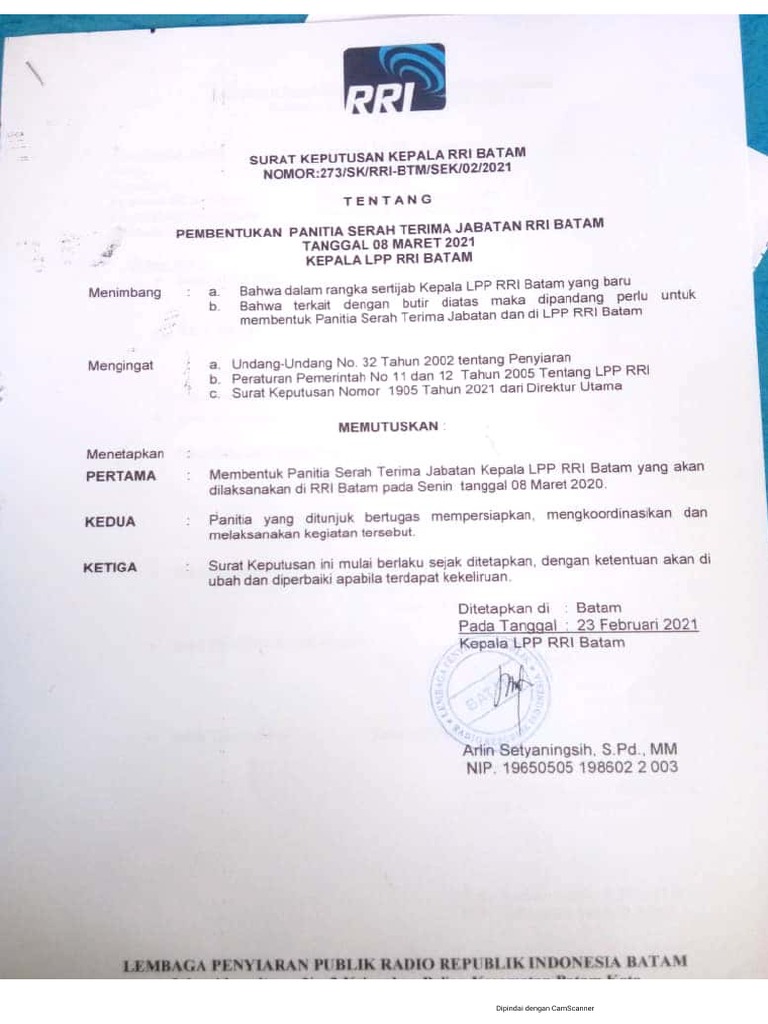 SK Pembentukan Panitia Sertijab Kepala LPP Rri Batam | PDF