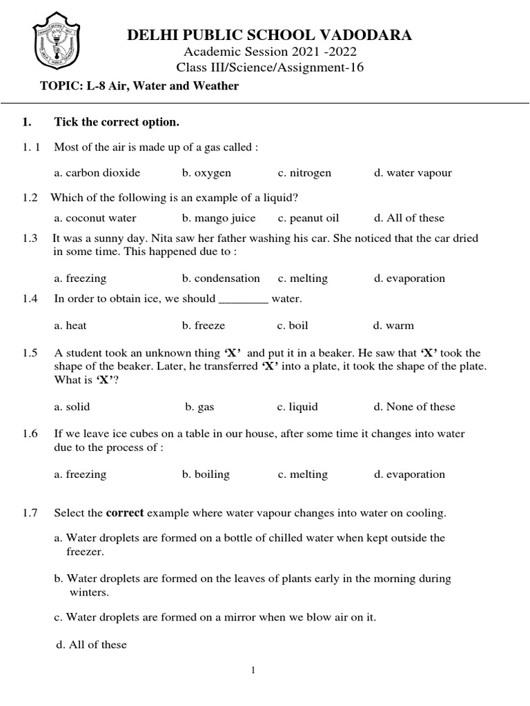 Science Class III Assignment16 Air Water and Weather | PDF | Water | Ice