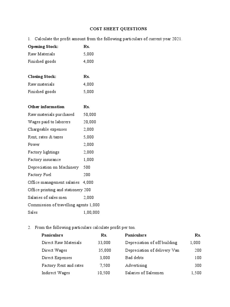 Cost Sheet Questions | PDF | Cost | Prices