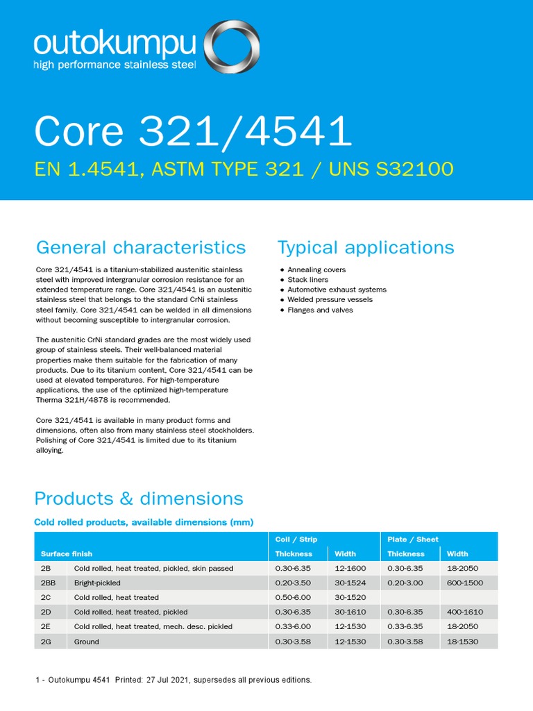 Core 321/4541: EN 1.4541, ASTM TYPE 321 / UNS S32100 | Download Free PDF | Corrosion | Stainless ...