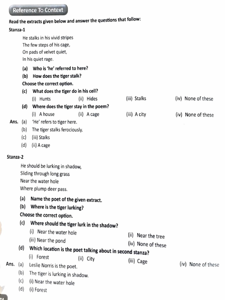 English - Class - X Poem - A Tiger in The Zoo (First Flight) - Extracts ...