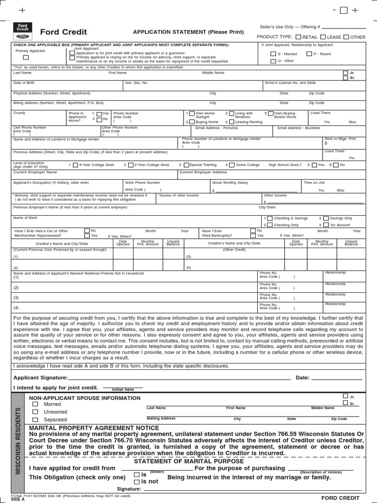 Ford Credit: Application Statement (Please Print) | PDF | Credit ...