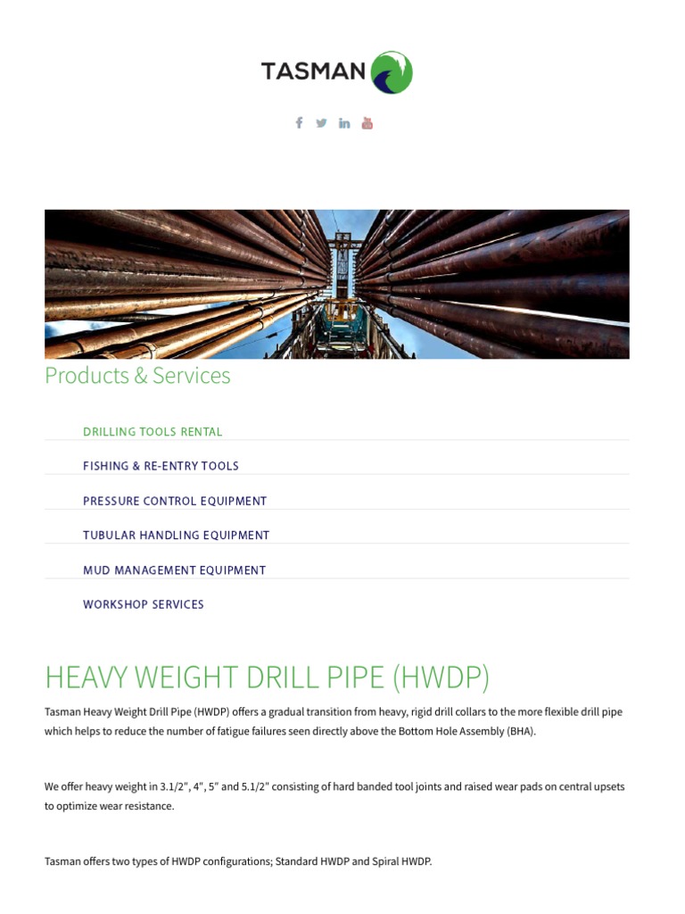 Heavy Weight Drill Pipe (HWDP) - Tasman | PDF | Pipe (Fluid Conveyance ...