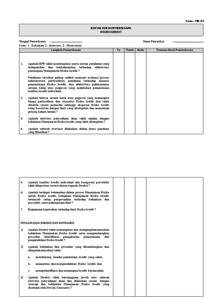 Kertas Kerja Manajemen Risiko Kredit BPR | PDF
