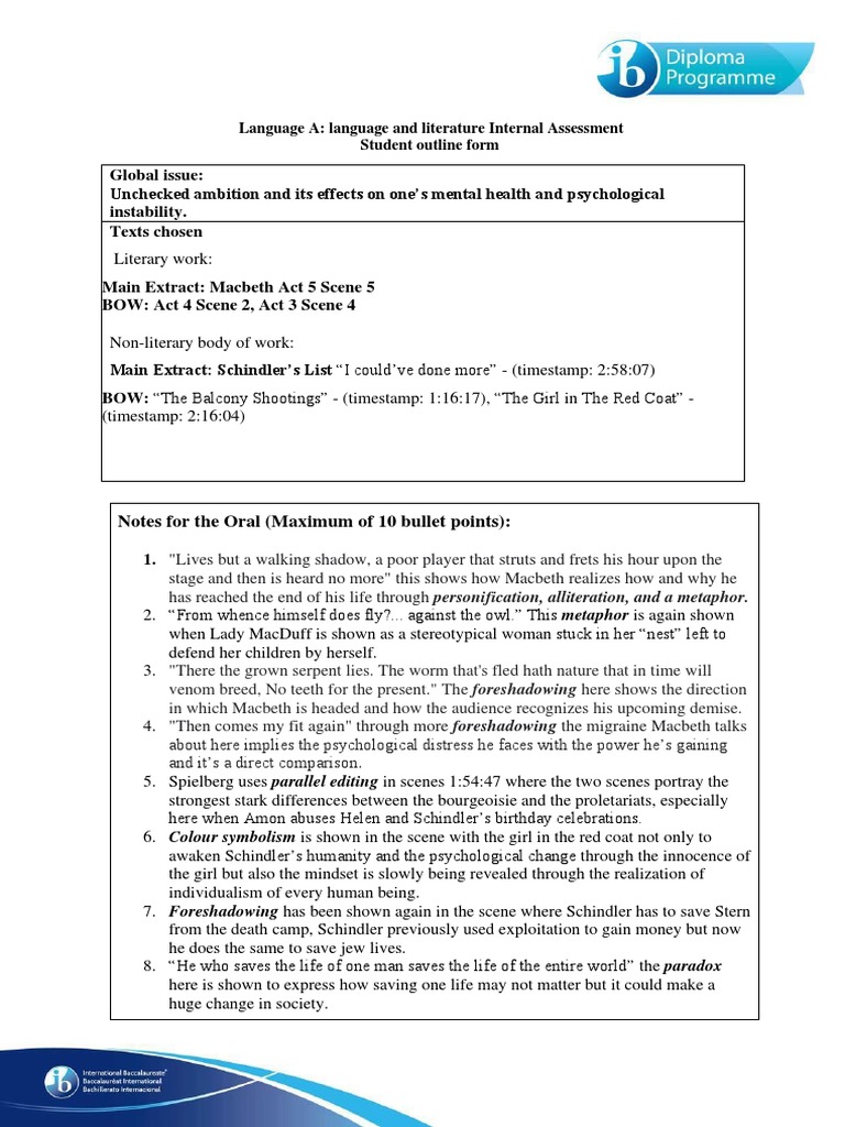Language A: Language and Literature Internal Assessment Student Outline ...