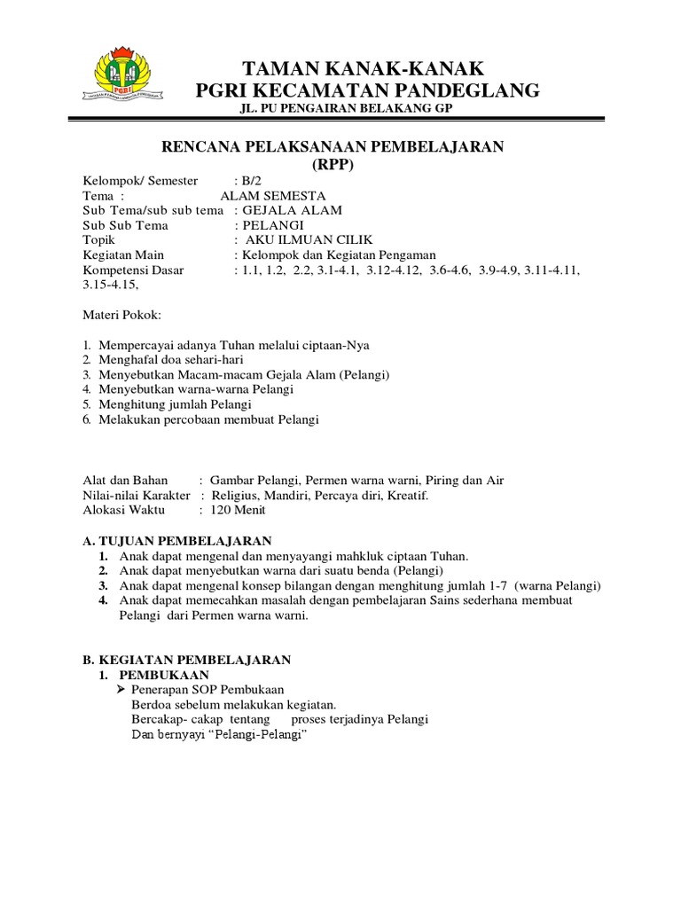 Contoh RPPH Alam Semesta (Pelangi) | PDF
