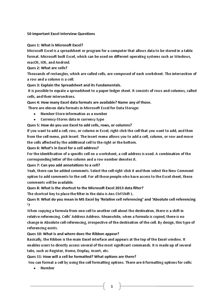 Essential Excel Interview Questions | PDF | Microsoft Excel | Spreadsheet