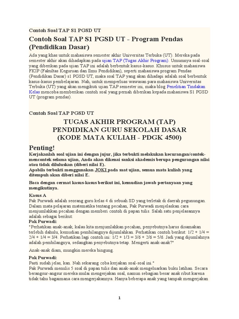 Contoh Soal TAP S1 PGSD UT | PDF
