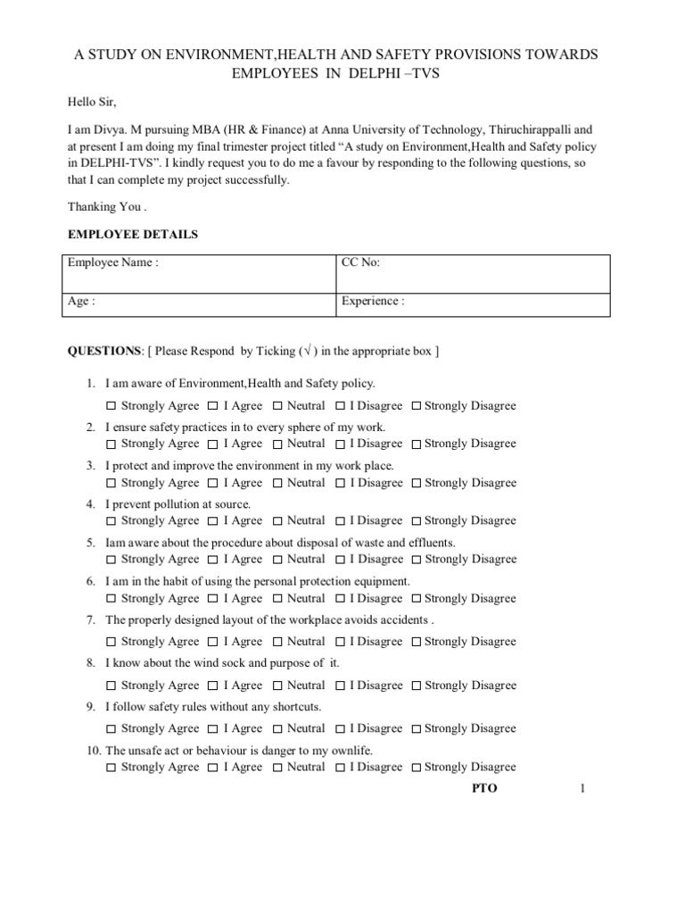 EHS Questionnaire | PDF | Occupational Safety And Health | Prevention