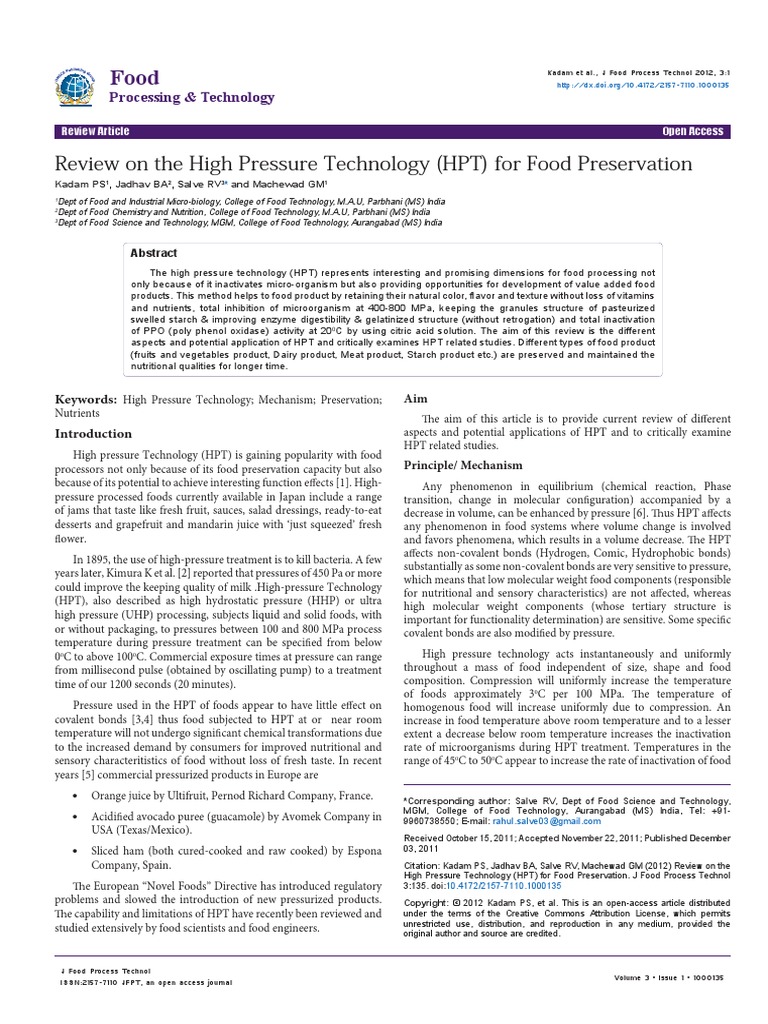 Review On The High Pressure Technology HPT For Food Preservation 2157 ...