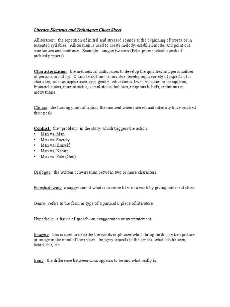 Literary Elements and Techniques Cheat Sheet | PDF | Narration ...