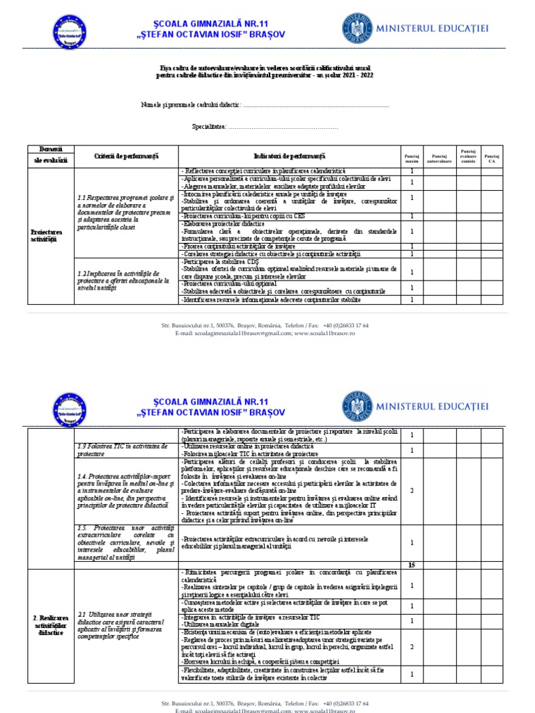 Fisa de Evaluare Cadre Didactice - 2021 - 2022 | PDF