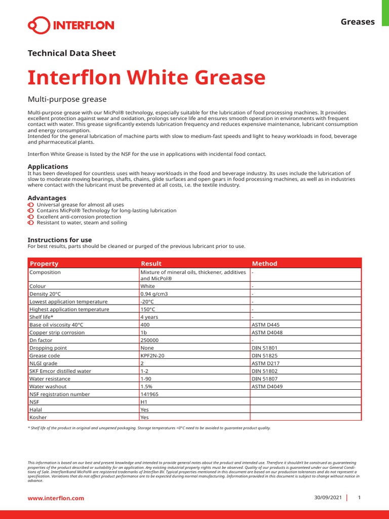 Interflon White Grease: Greases Technical Data Sheet | PDF | Lubricant ...