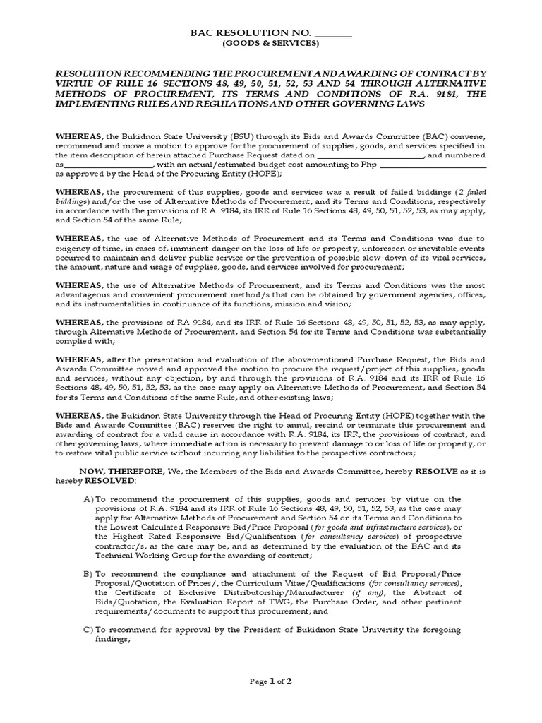 BAC Resolution For AMP | PDF | Procurement | Government