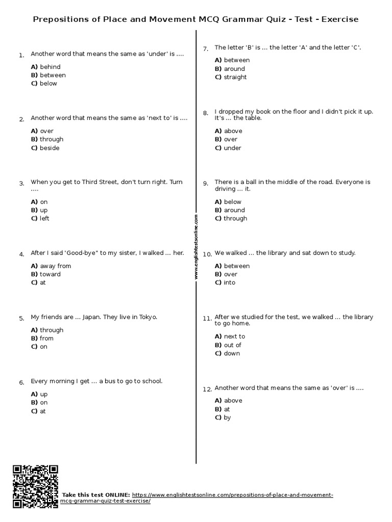 Prepositions of Place and Movement MCQ Grammar Quiz - Test - Exercise ...