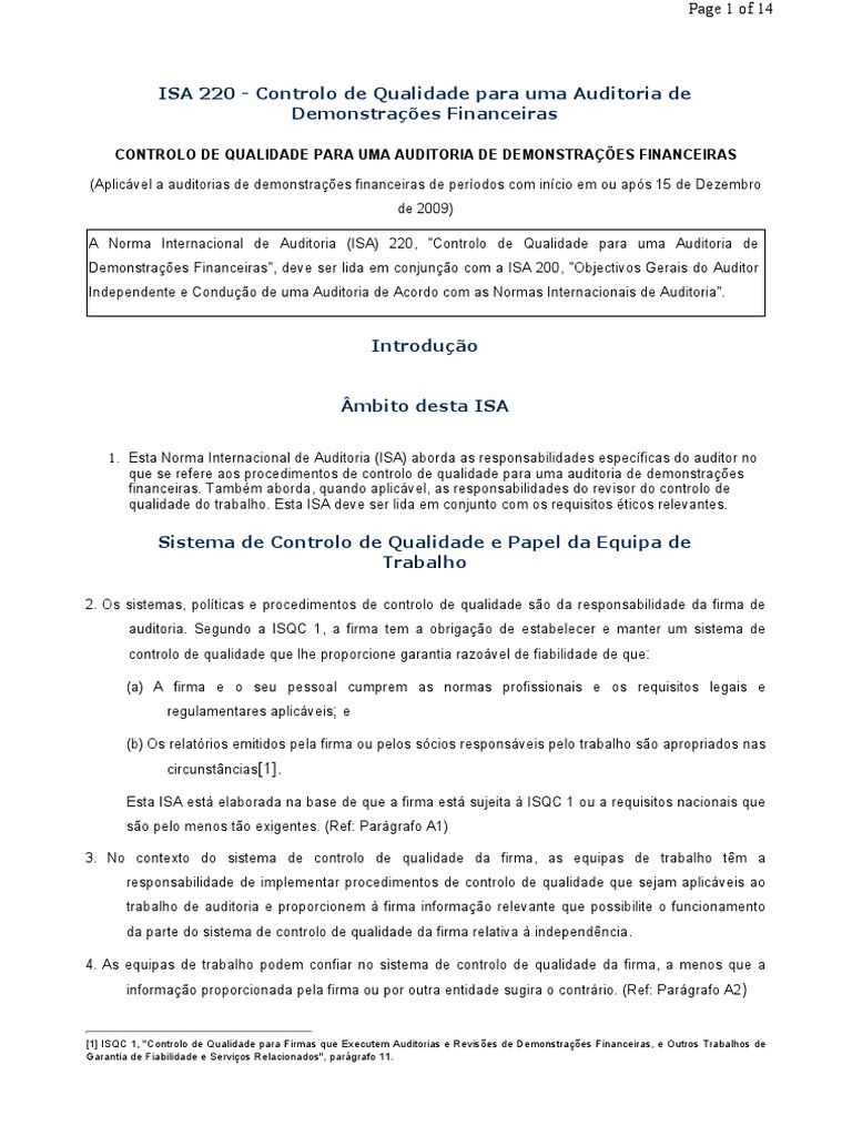 Isa 220 | PDF | Contabilidade | Qualidade (negócios)