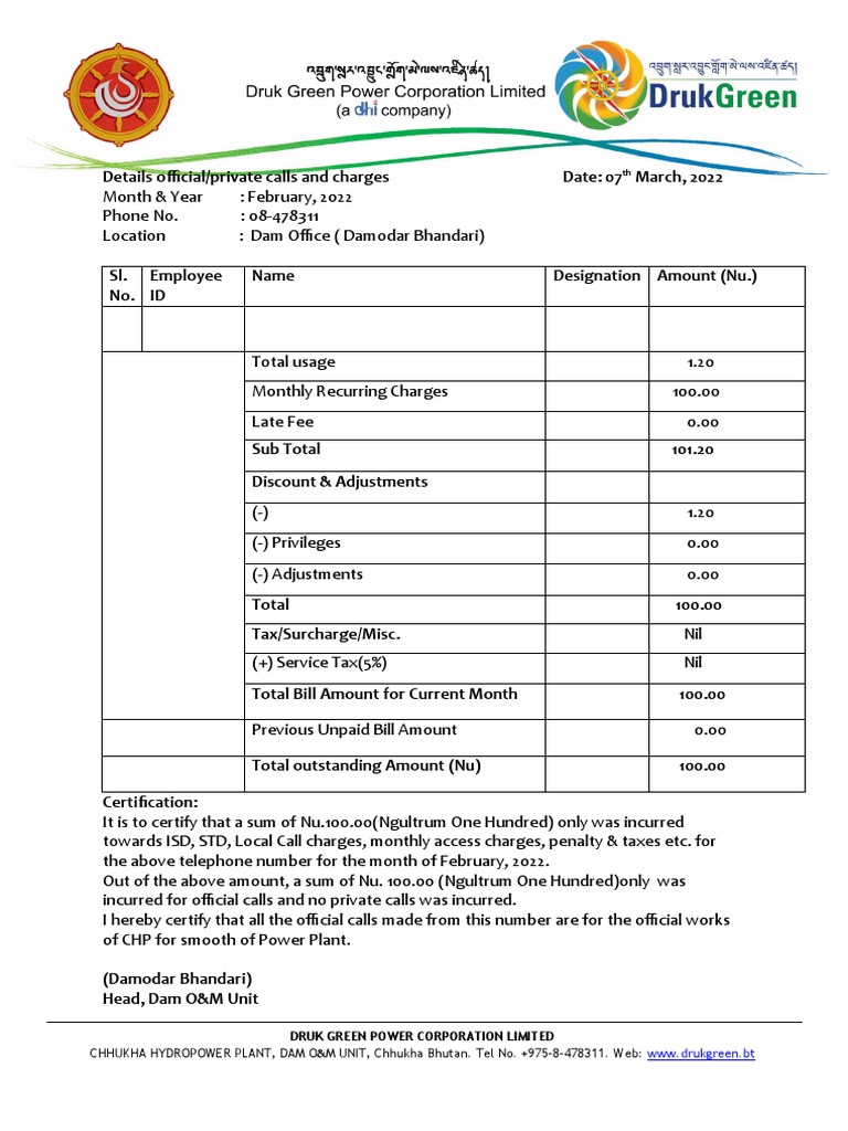 Bhutan Telecom Bill Certification For February, 2022 | PDF | Economies ...