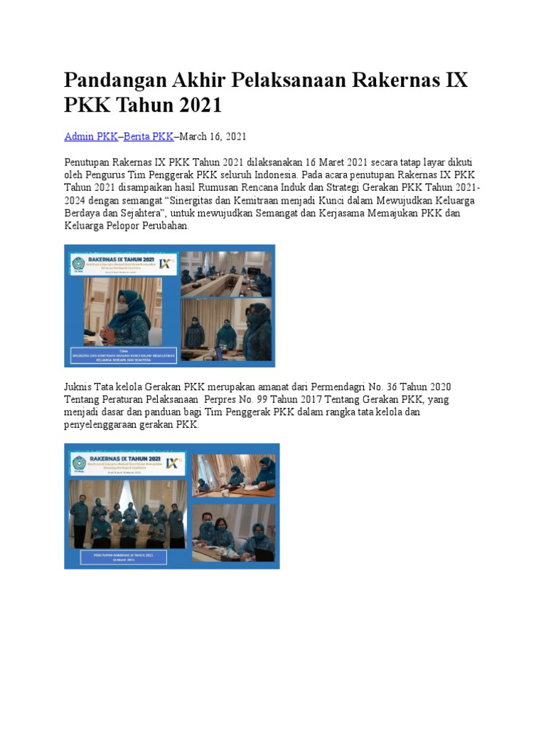 Pandangan Akhir Pelaksanaan Rakernas IX PKK Tahun 2021 | PDF