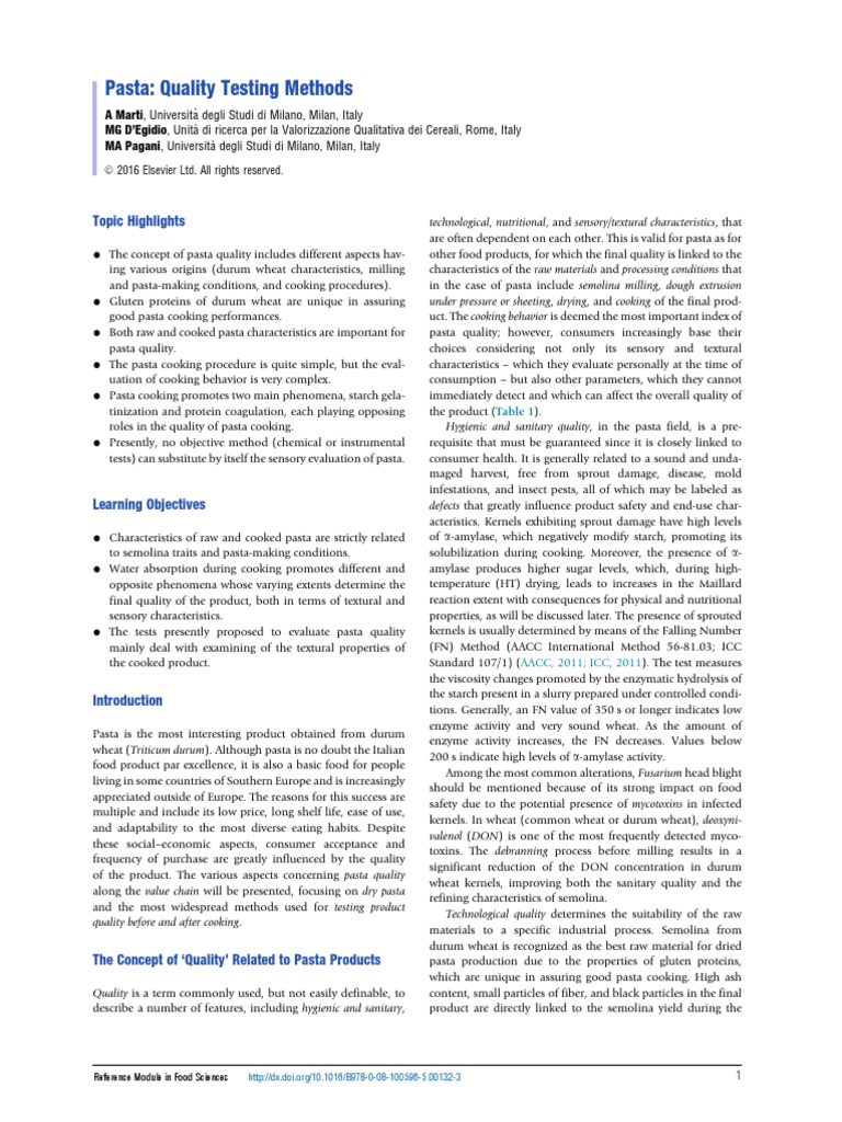 Pasta Quality Testing Methods | PDF | Pasta | Wheat