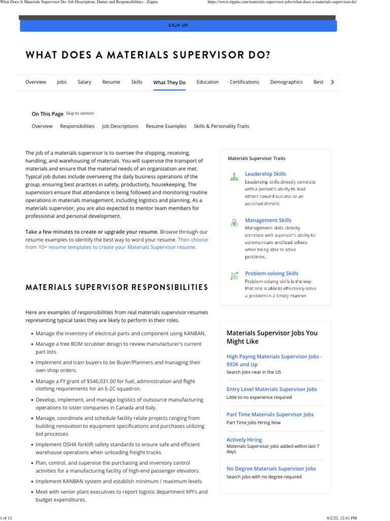 What Does A Materials Supervisor Do Job Description, Duties and ...