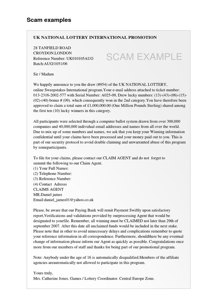 Lottery Scams Examples | PDF | Lottery | Cheque